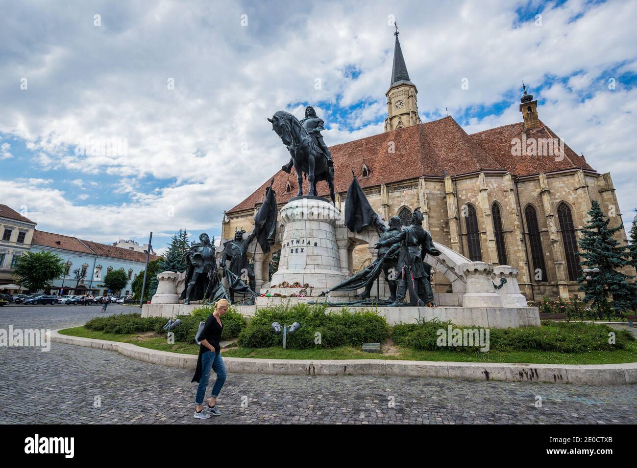 Monument of Matthias Corvinus located in front of gothic style Church ...