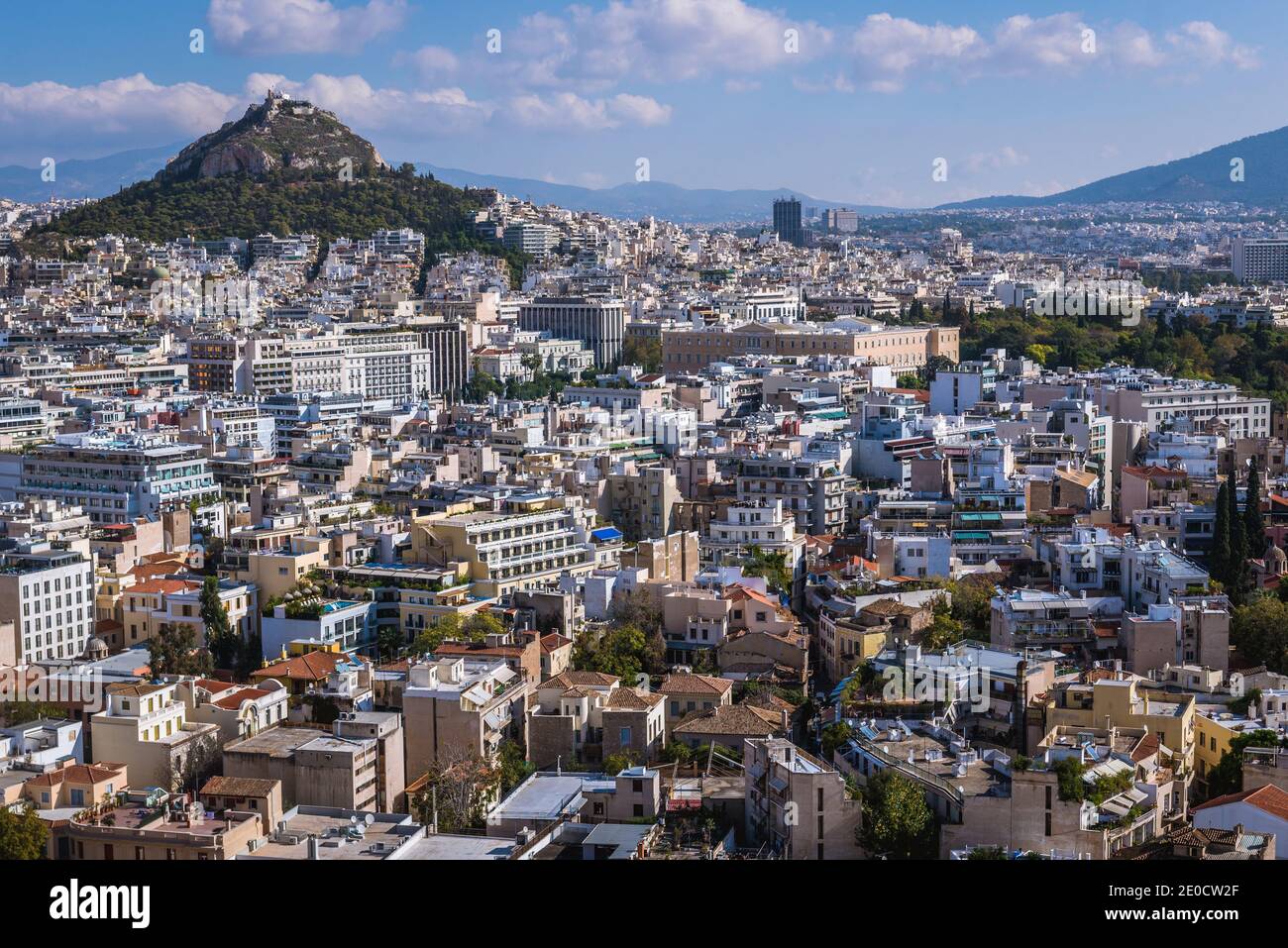 Aerial view from Acropolis of Athens city, Greece. Mount Lycabettus ...