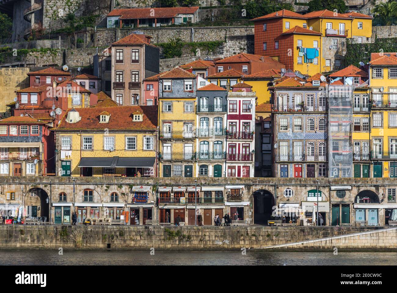 Row of buildings on Cais da Ribeira street in Ribeira District on the ...