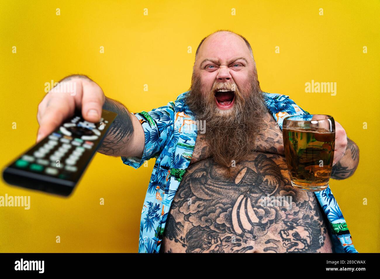 Funny and hilarious fat man hungry for unhealthy food Stock Photo - Alamy