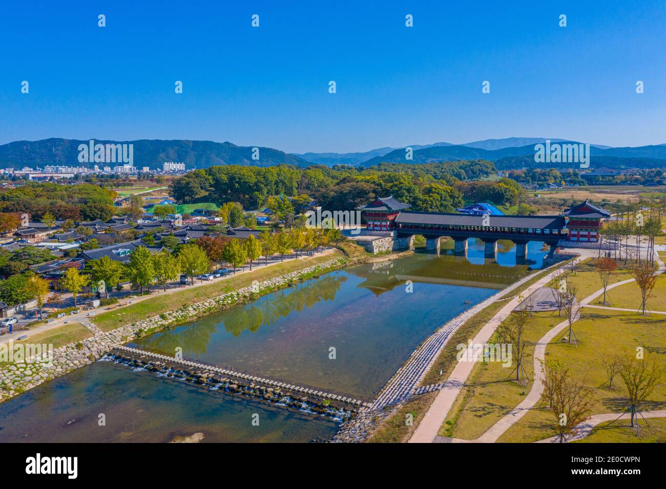 Aerial view red wooden bridge hi-res stock photography and images - Alamy