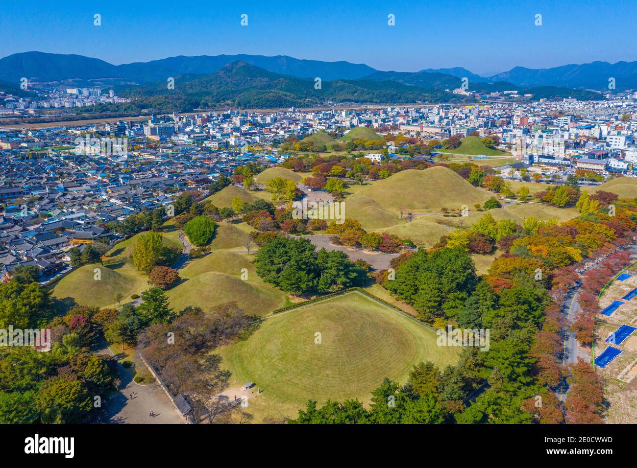 Panorama of Tumuli park and other royal tombs in the center of Korean ...