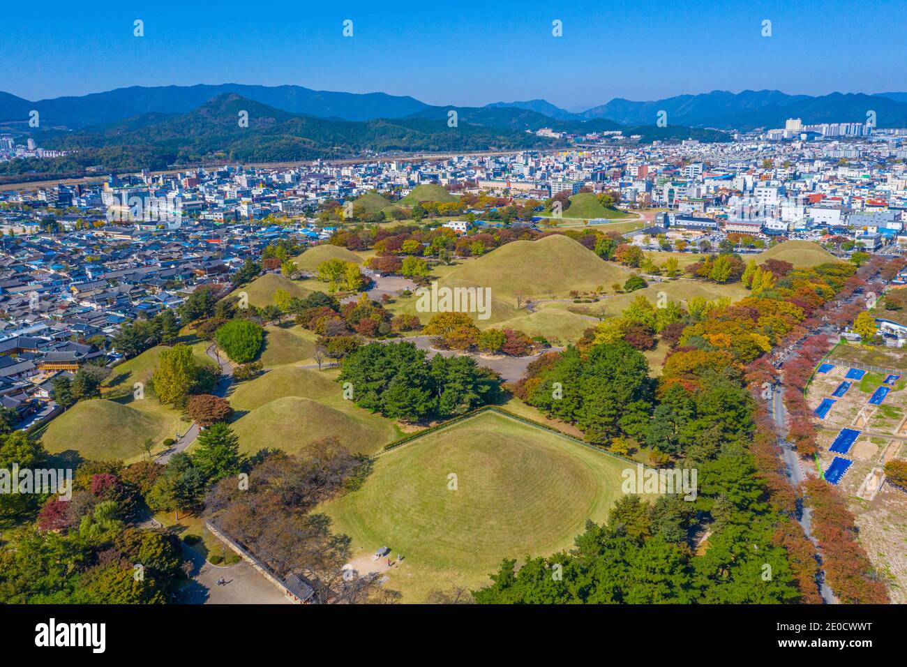 Panorama of Tumuli park and other royal tombs in the center of Korean ...