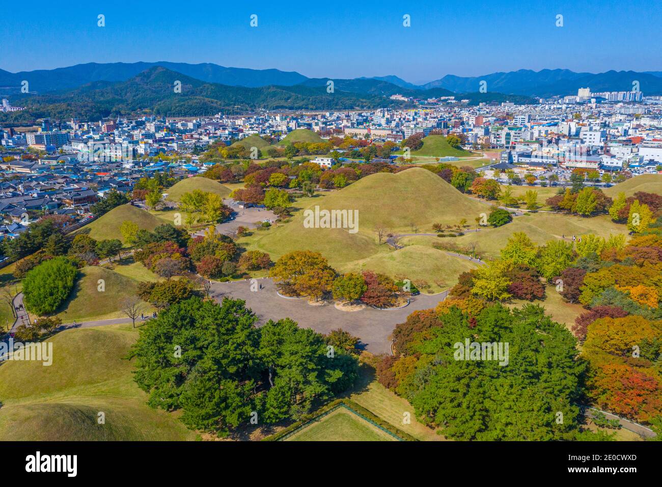 Panorama of Tumuli park and other royal tombs in the center of Korean ...