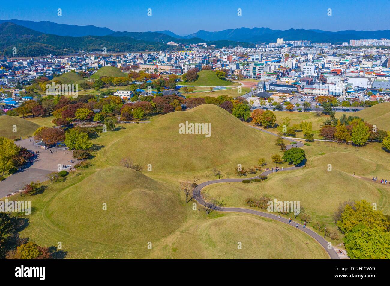 Panorama of Tumuli park and other royal tombs in the center of Korean ...