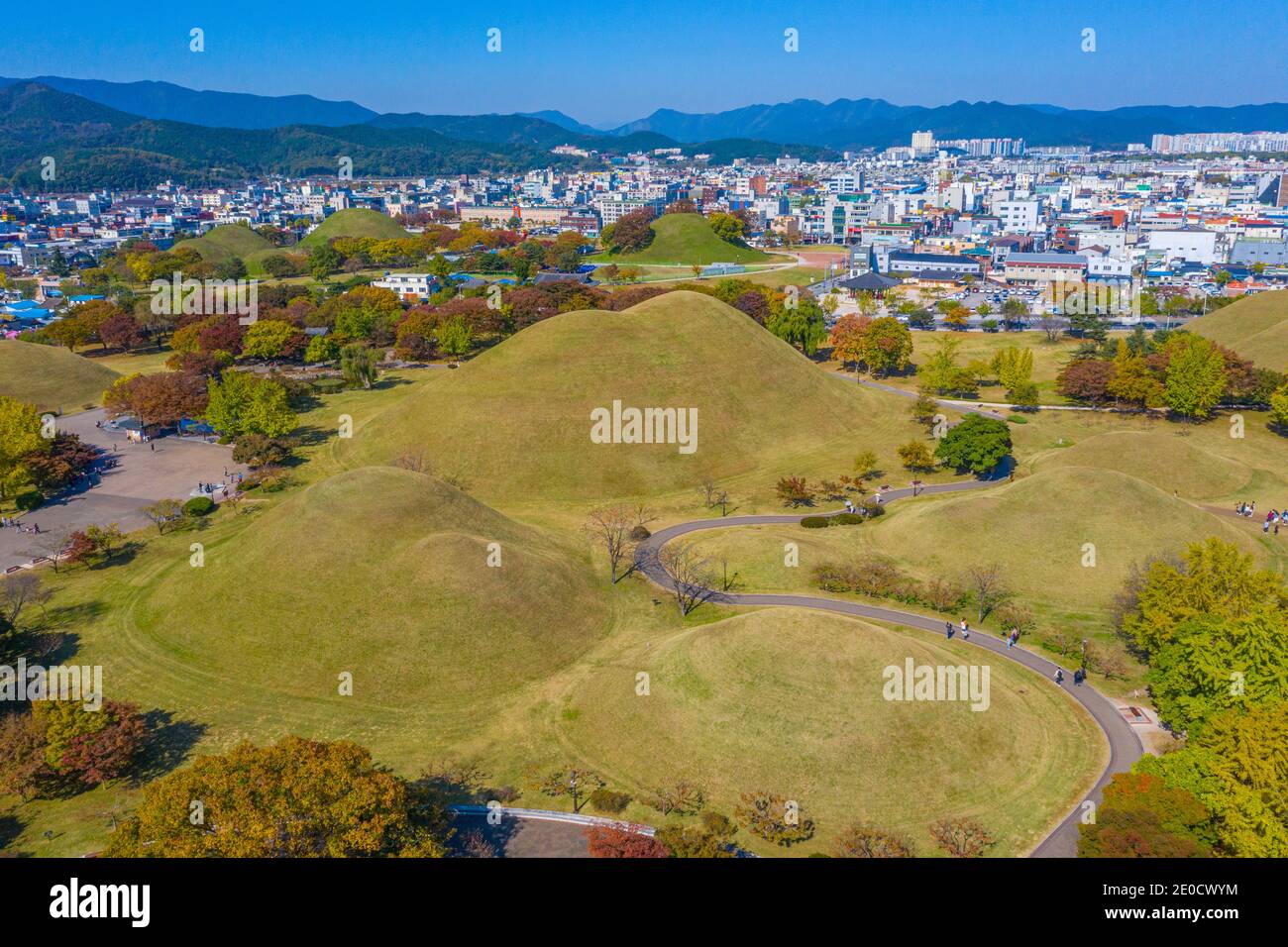 Panorama of Tumuli park and other royal tombs in the center of Korean ...