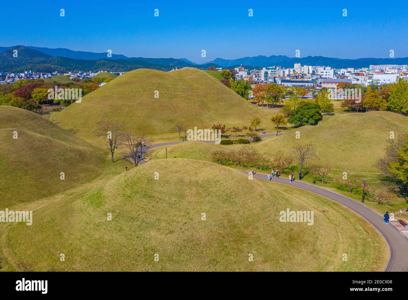 Aerial view of Tumuli park containing several royal tombs in Gyeongju ...