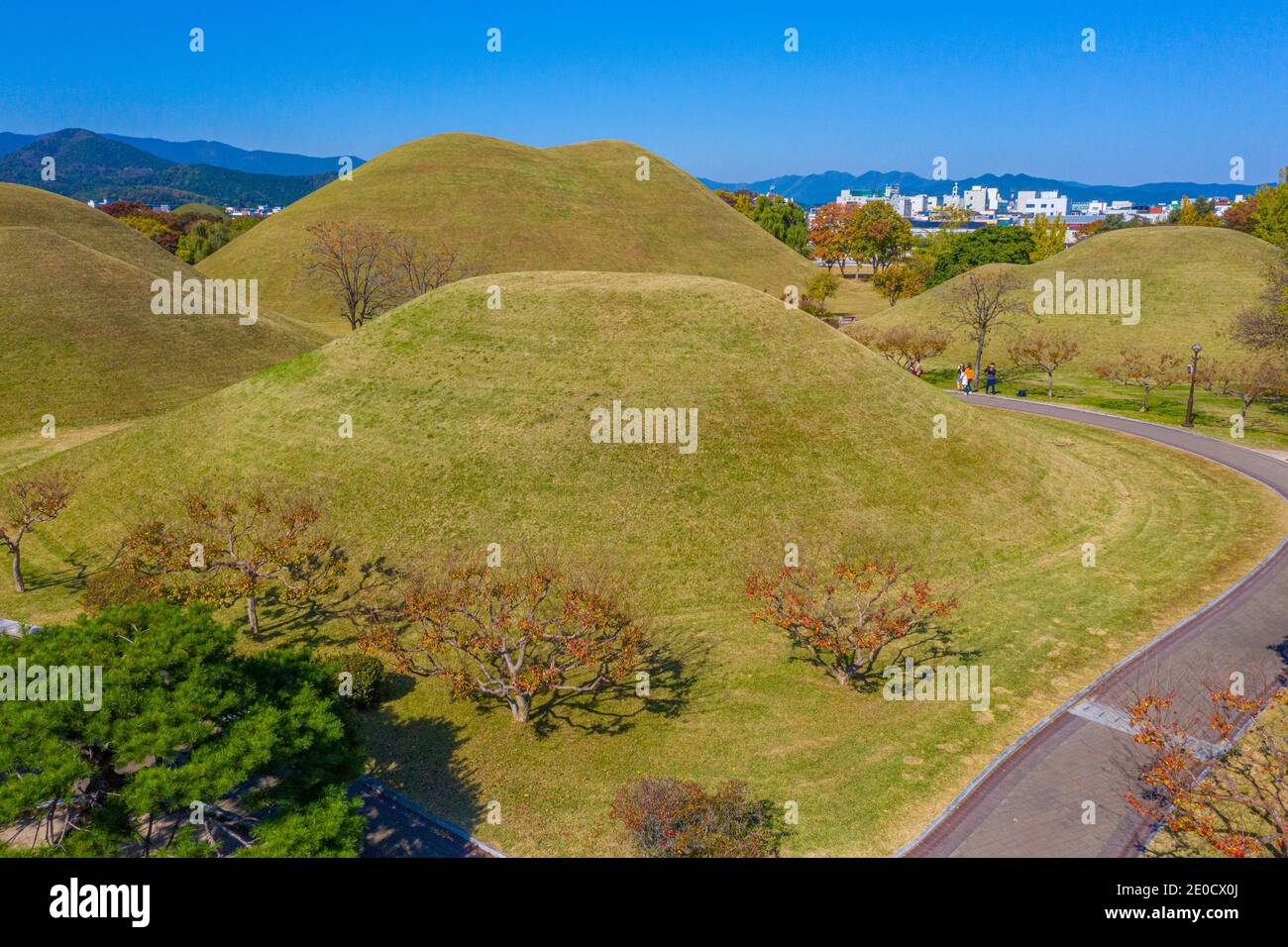 Aerial view of Tumuli park containing several royal tombs in Gyeongju ...