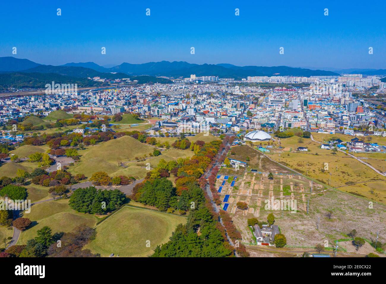 Panorama of Tumuli park and other royal tombs in the center of Korean ...