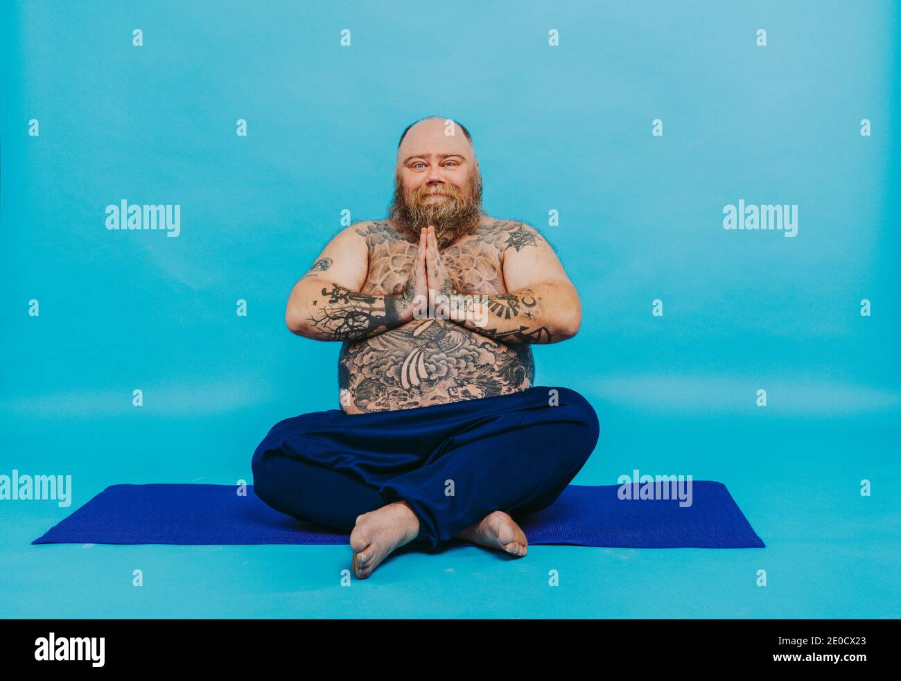 Funny fat man doing yoga meditation, funny and ironic character Stock ...