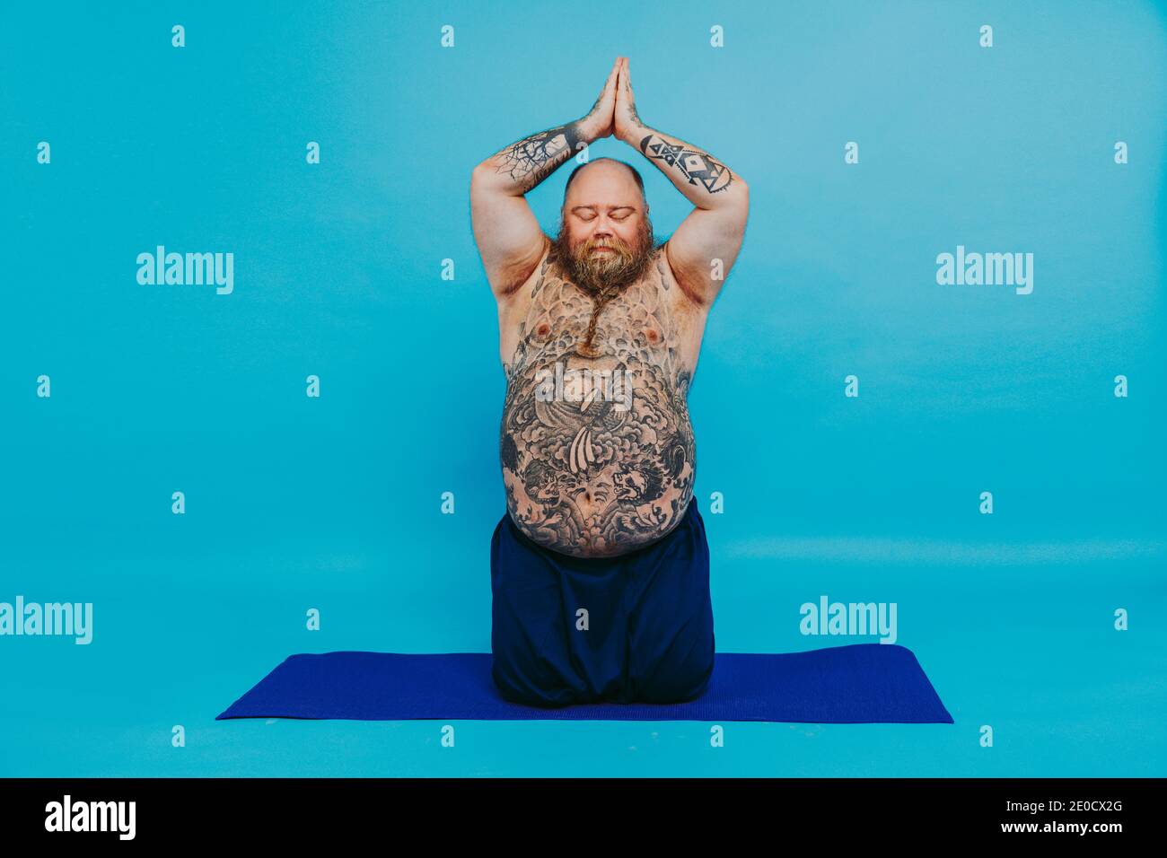 Funny fat man doing yoga meditation, funny and ironic character Stock ...