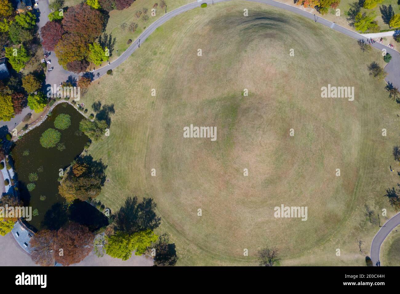 Aerial view of Tumuli park containing several royal tombs in Gyeongju ...