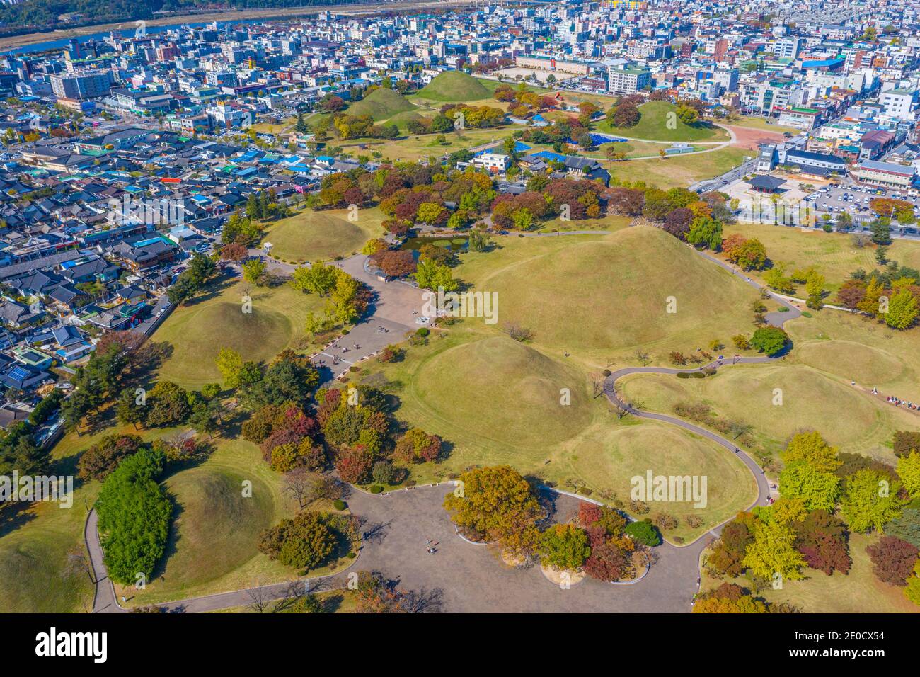 Panorama of Tumuli park and other royal tombs in the center of Korean ...