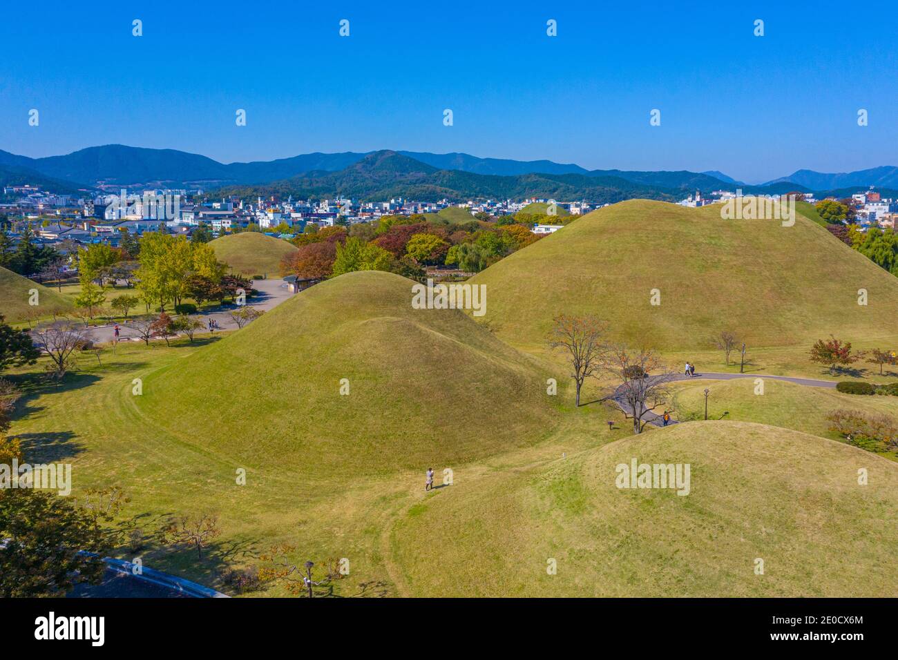 Aerial view of Tumuli park containing several royal tombs in Gyeongju ...