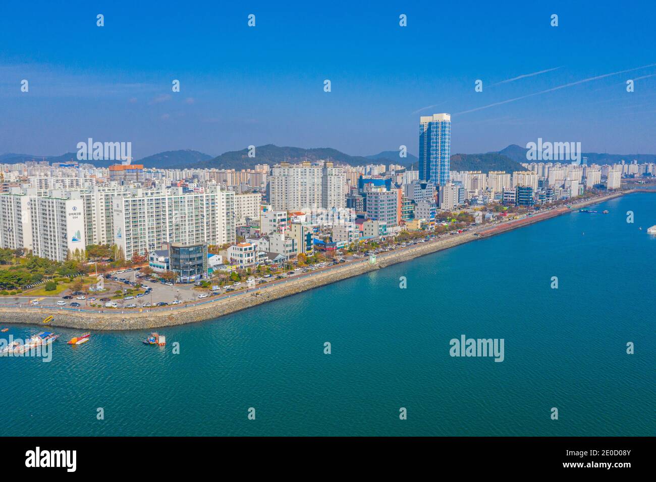 Aerial view of seaside promenade in Mokpo with a dancing fountain ...