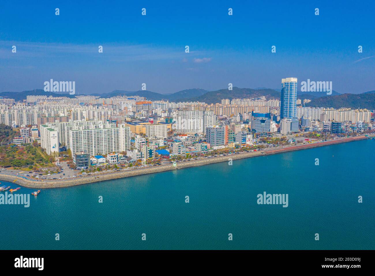 Aerial view of seaside promenade in Mokpo with a dancing fountain ...