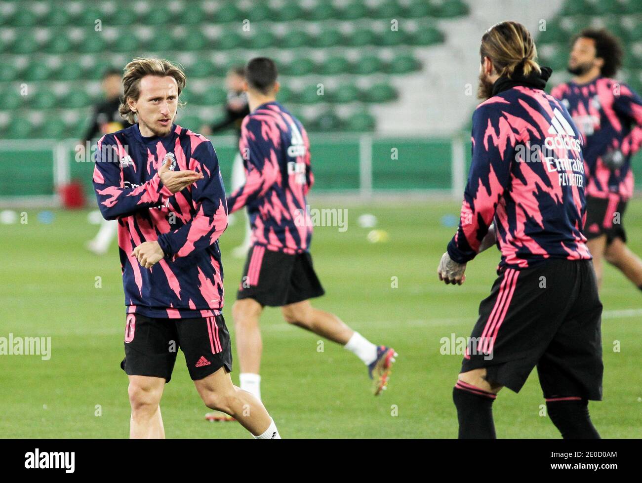 Luka Modric, Sergio Ramos of Real Madrid CF warm up during the Spanish ...