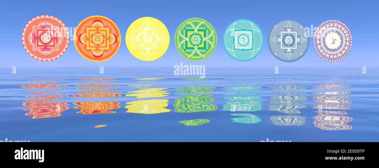 Seven chakra symbols line - 3D render Stock Photo - Alamy