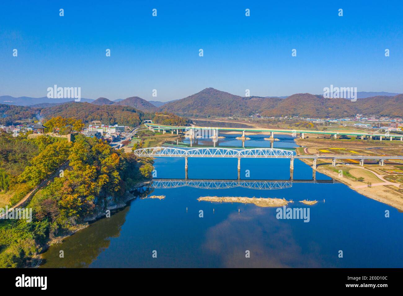 Aerial view of Gongju behind river Geum river, Republic of Korea Stock ...