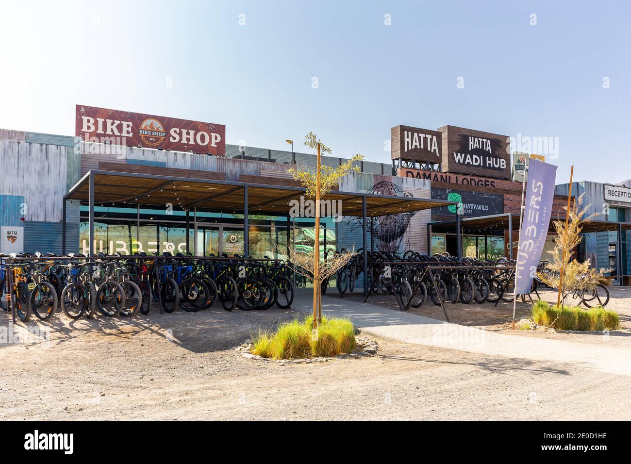 Hatta, UAE, 10.11.2020. Hatta Wadi Hub main entry building with bikes rental, bike shop and ...