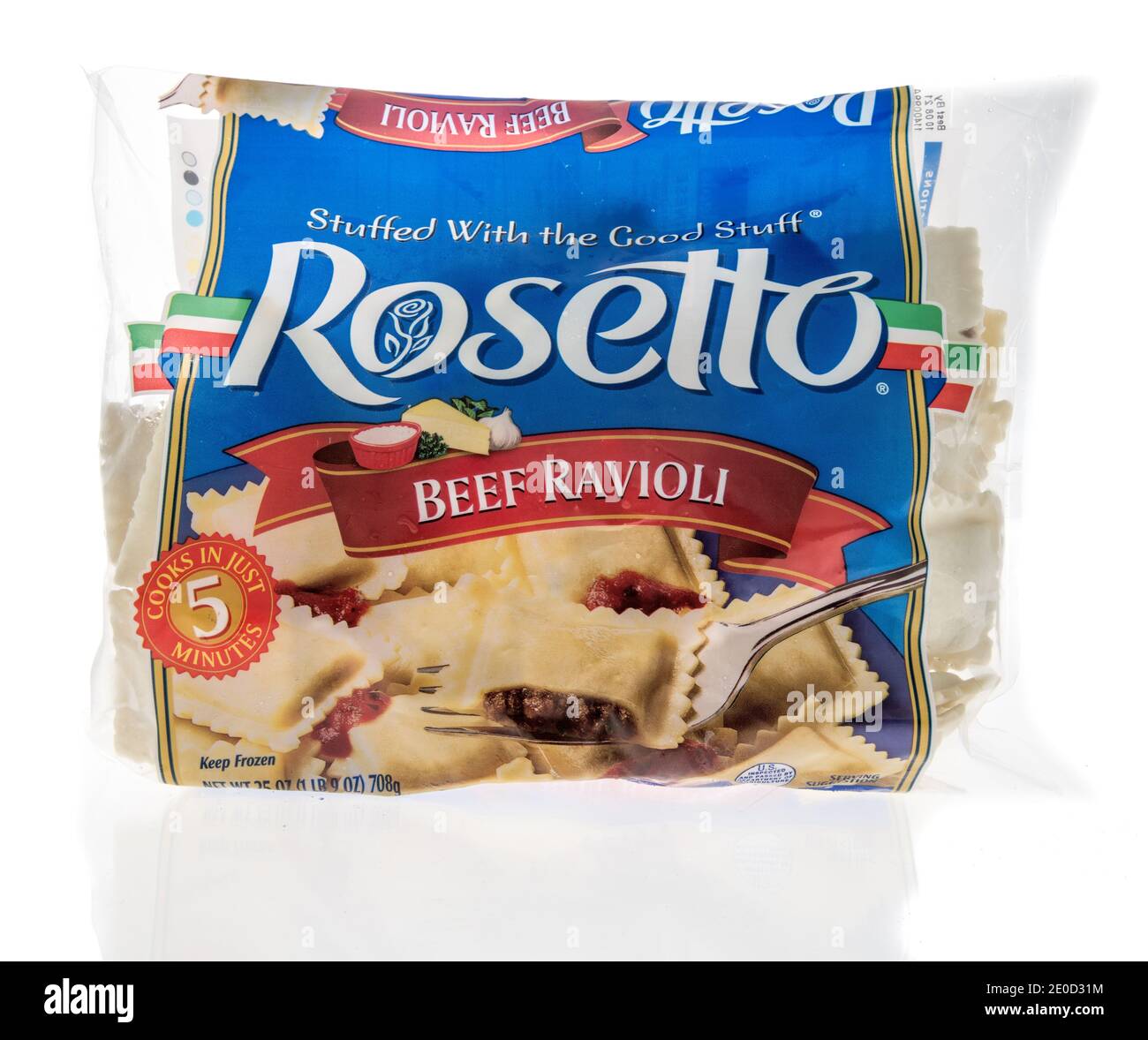 Winneconne, WI -27 December 2020: A package of Rosetto ravioli on an ...