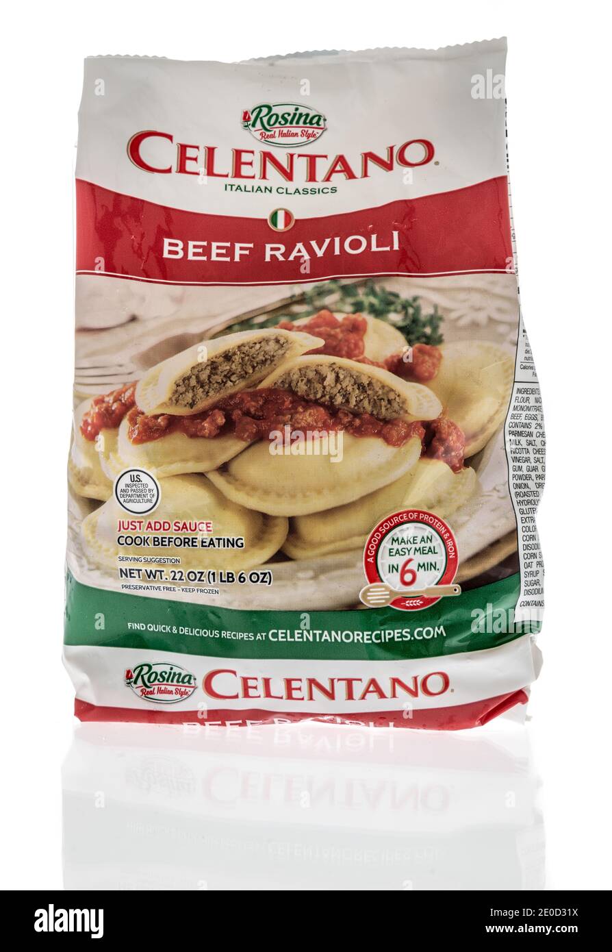 Winneconne, WI -27 December 2020: A package of Rosina celentano ravioli ...