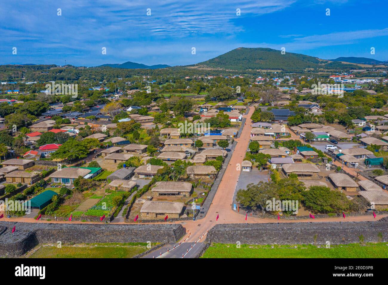 Aerial view of Seongeup folk village at Jeju island , Republic of Korea ...