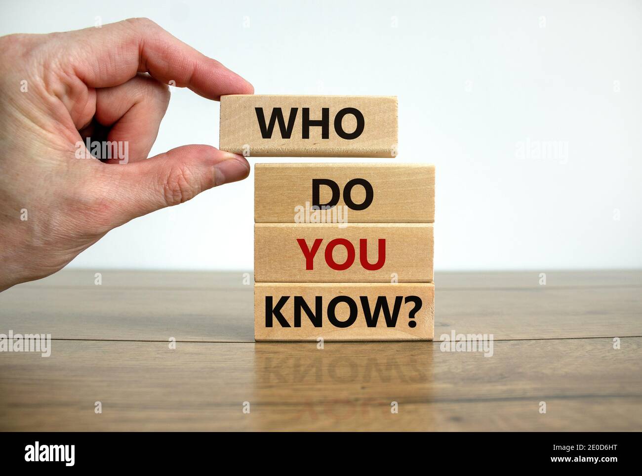 Who do you know symbol. Male hand. Wooden blocks with words 'who do you ...