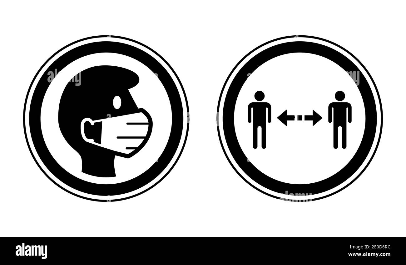 Wear a Face Mask and Keep Your Distance Round Warning or Instruction ...