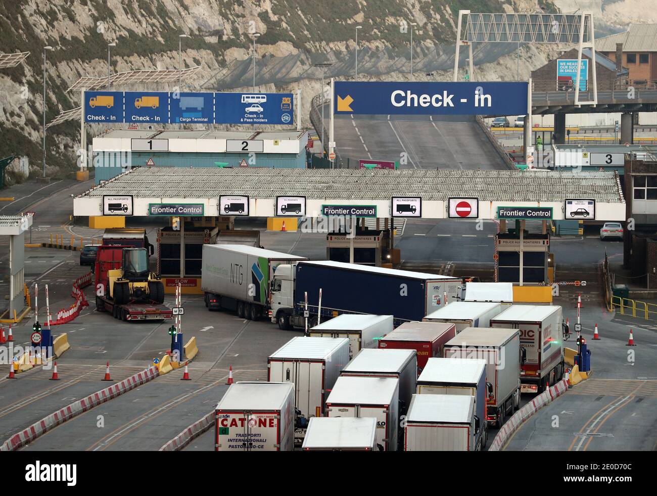 Lorries arrive at the Port of Dover in Kent before the Brexit ...