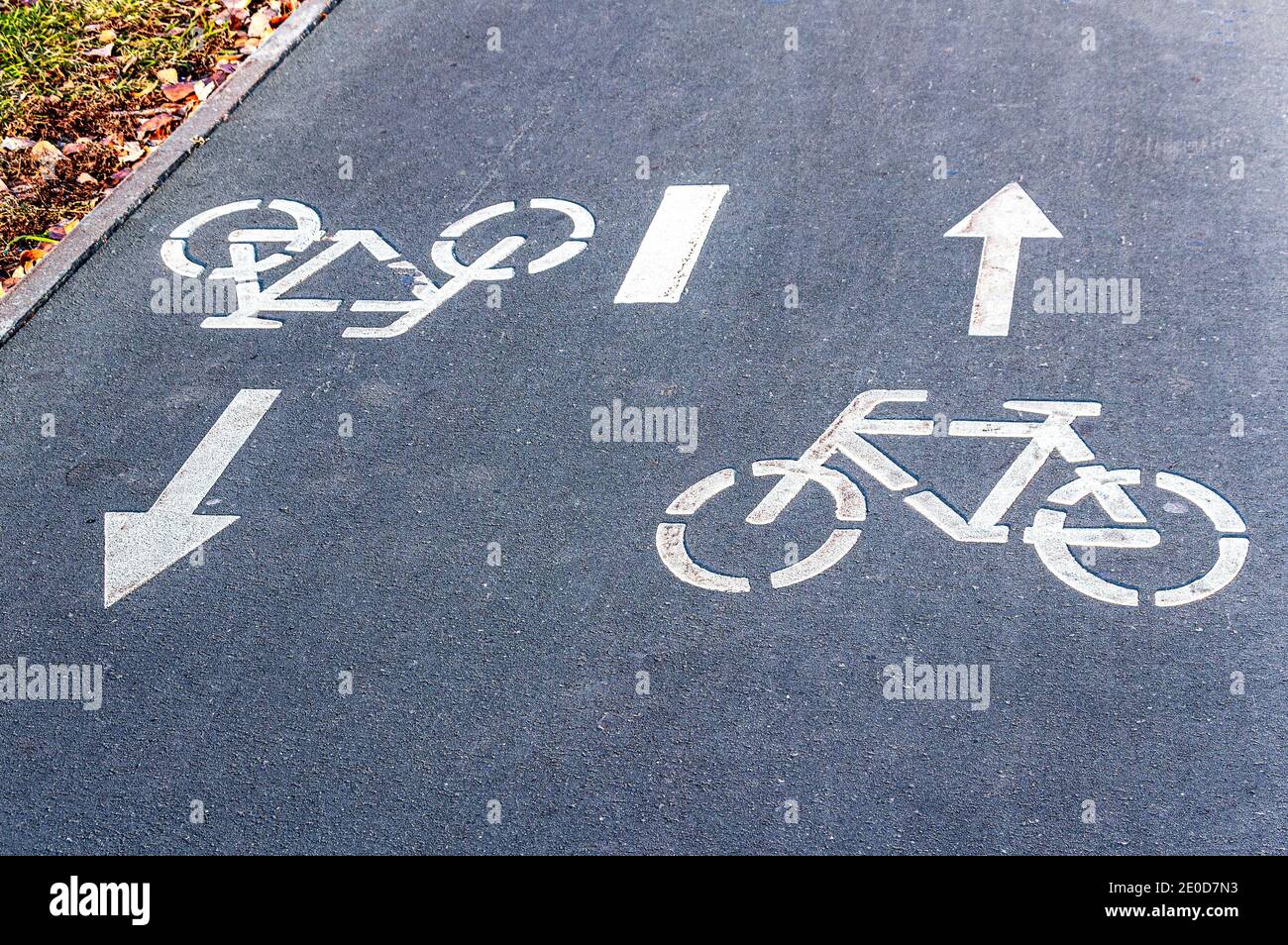 Bike lane with road symbols painting on asphalt. Bicycle sign on street ...