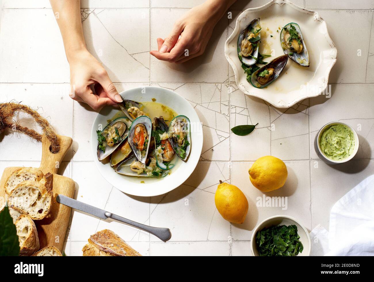 Cooked kiwi green mussels with wine, garlic and parsley served with ...