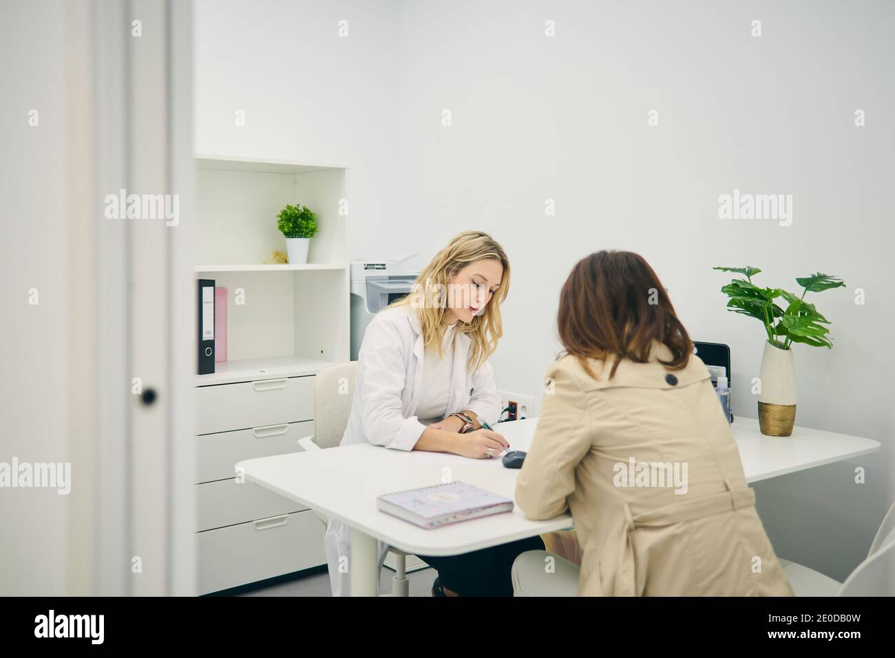 Serious female dermatologist sitting at table with client and taking ...