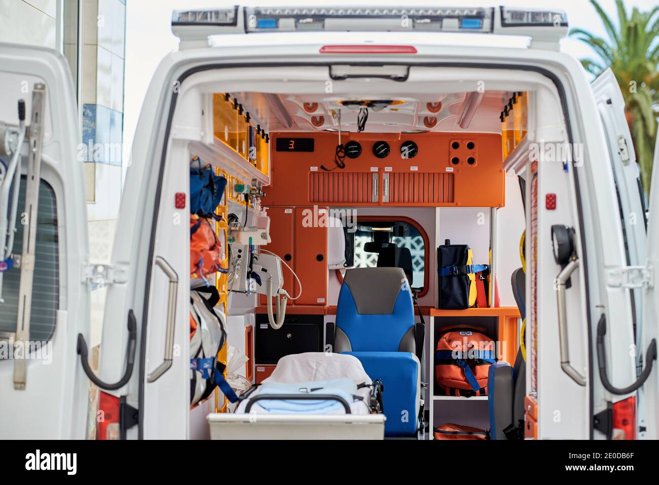 Interior of contemporary ambulance car equipped with various ...