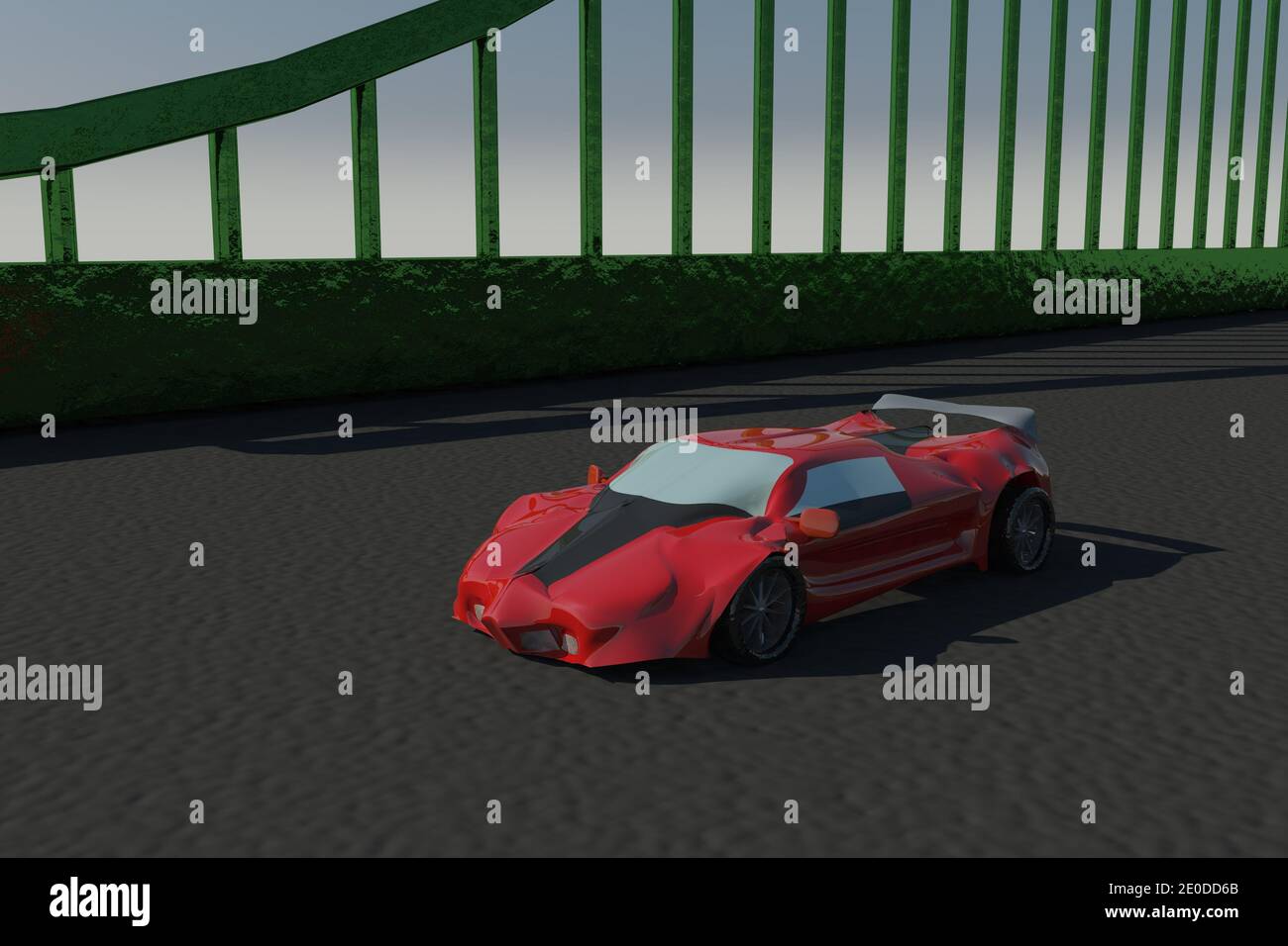 Red sports car over a bridge, 3d rendering Stock Photo - Alamy