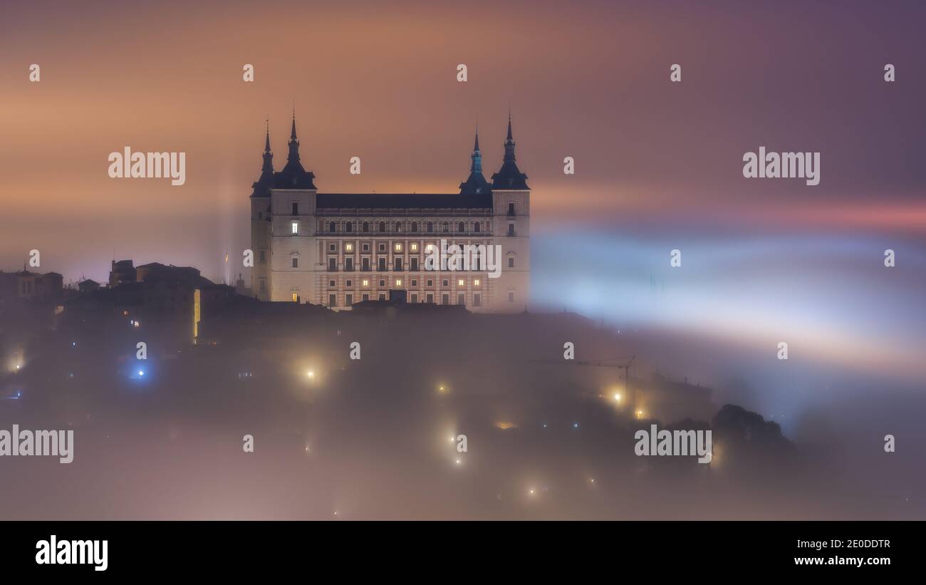 Amazing scenery of shining and luminous ancient Alcazar de Toledo ...