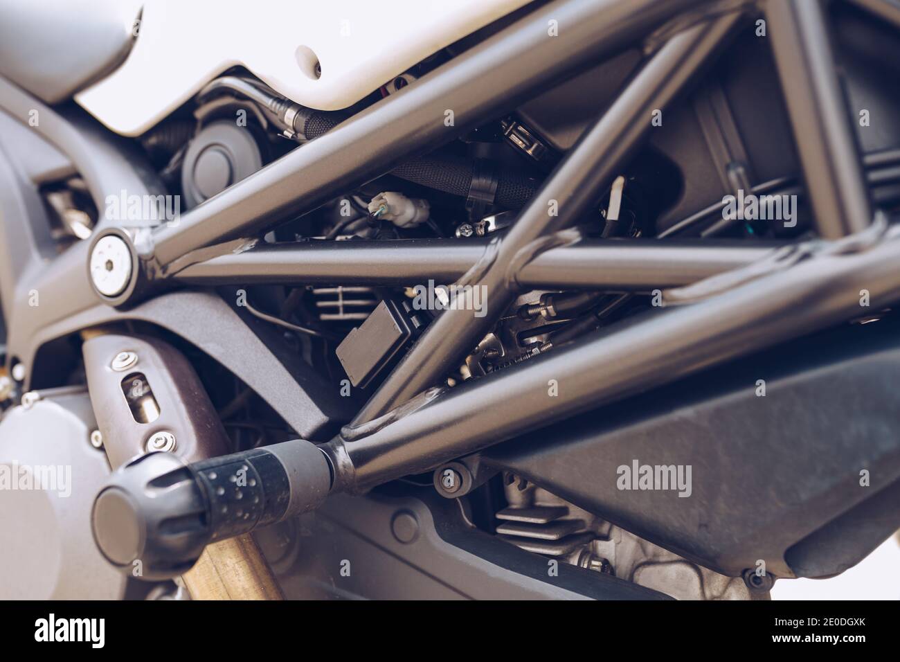 Detail of metal footrest of contemporary shiny motorbike parked in ...