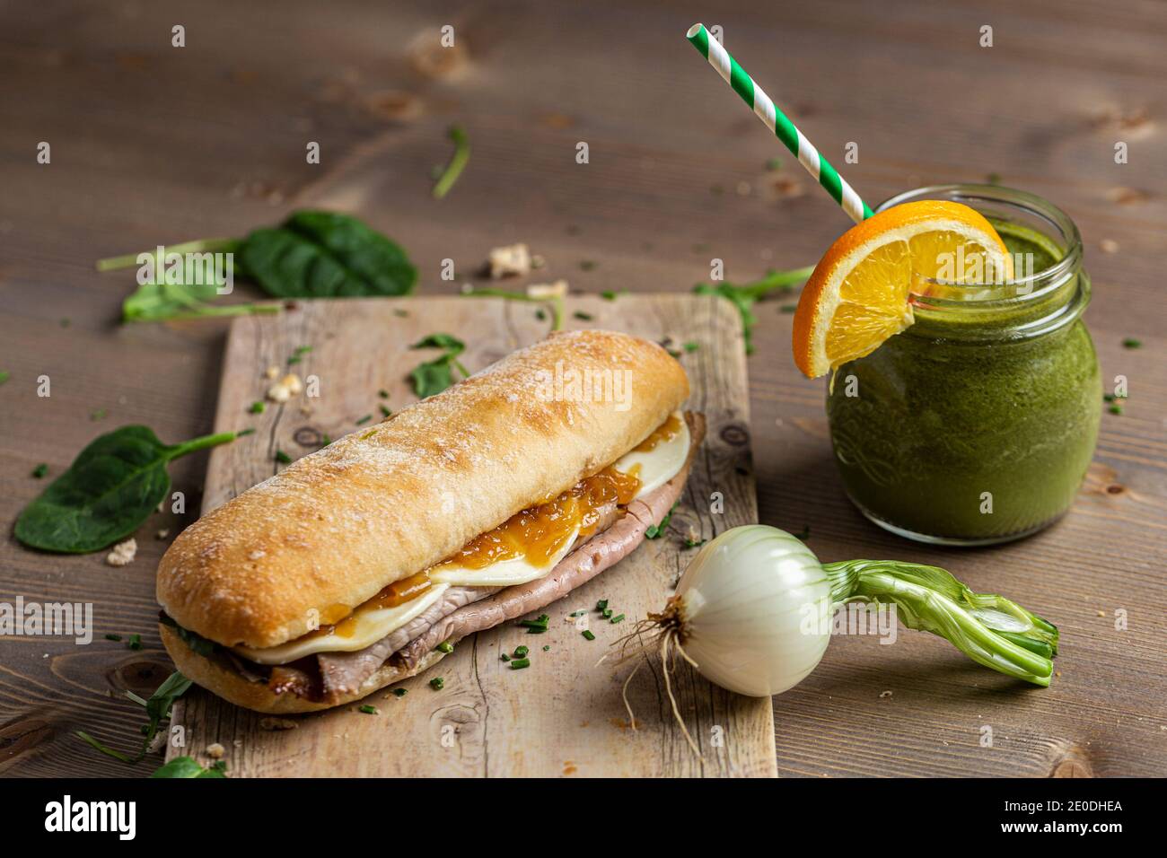 Healthy sandwich of roast beef with vegan smoothie Stock Photo - Alamy