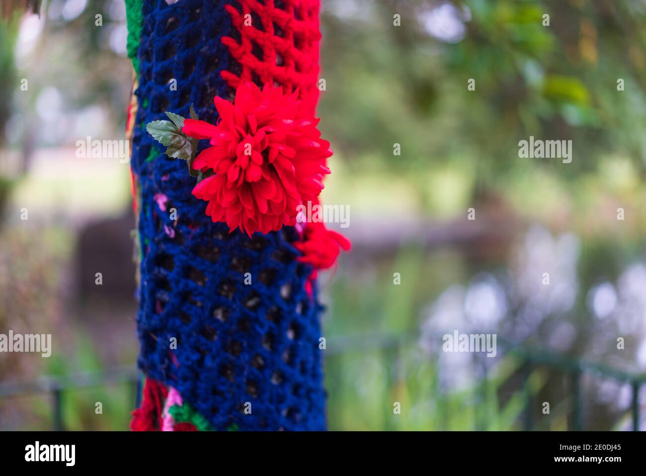 Colorful crochet textiles around a tree on a forest park Stock Photo ...