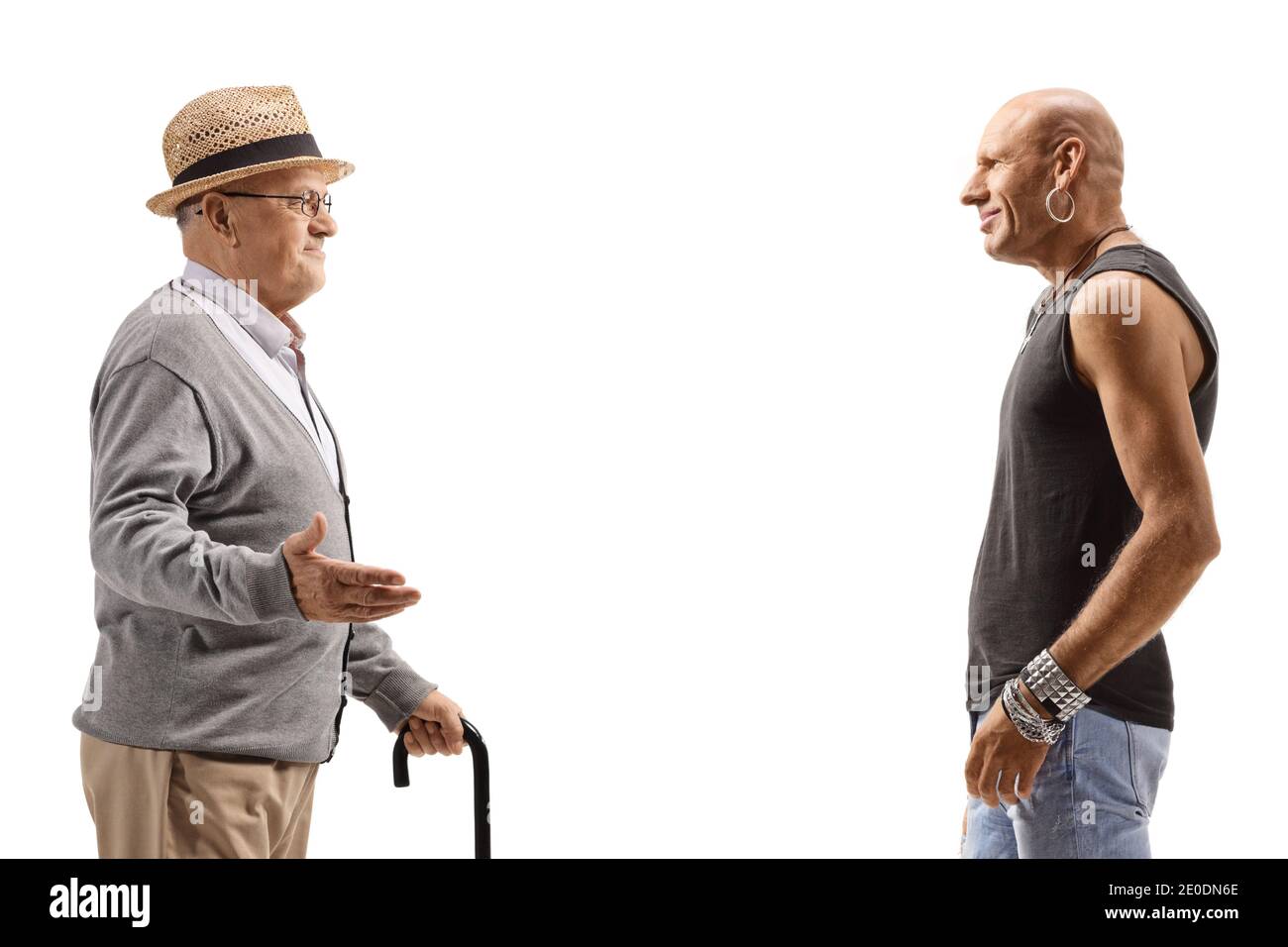 Elderly man with a cane and a hipster having a conversation isolated on ...