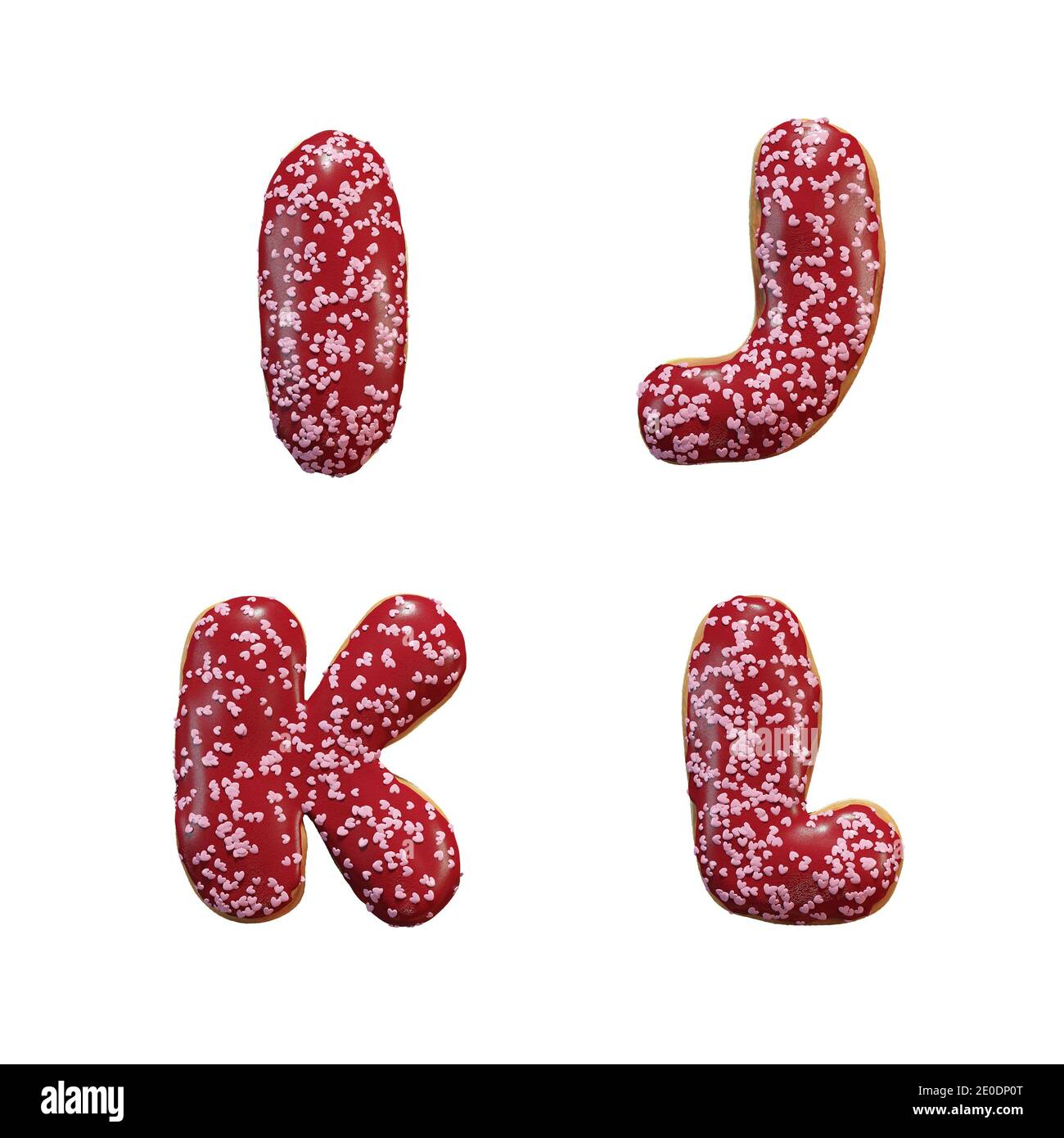 3D rendering of donut letters alphabet with red icing and pink heart ...