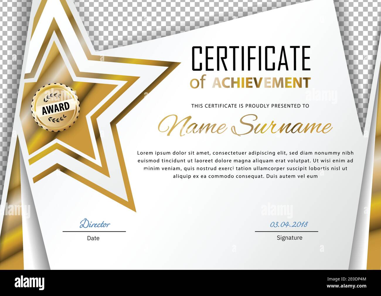 Official certificate with gold, transparent design elements and gold ...