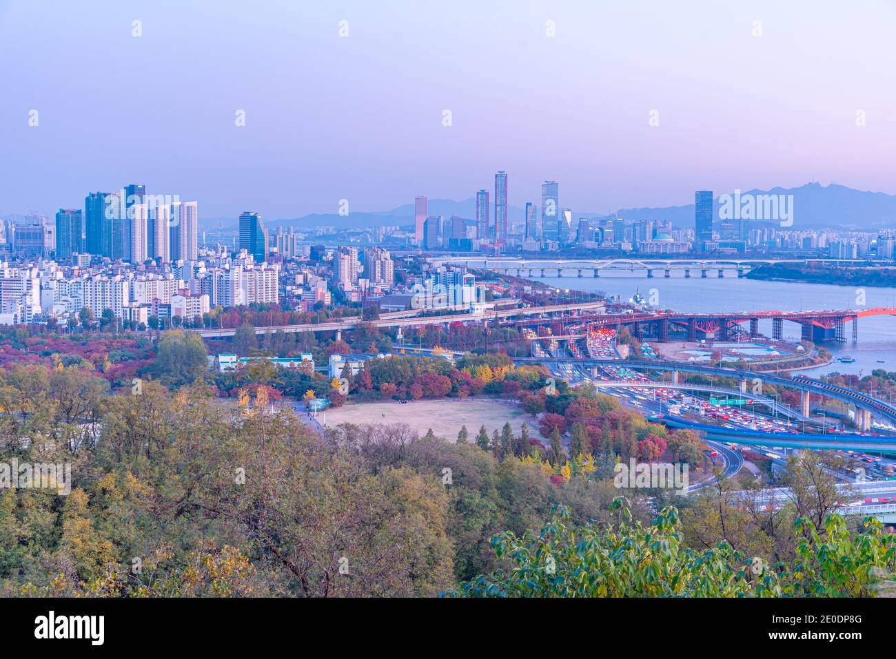 Sunset aerial view of downtown Seoul from Haneul park, Republic of ...