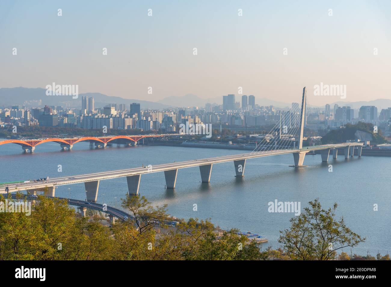 Sunset view of the World cup bridge in Seoul, Republic of Korea Stock ...