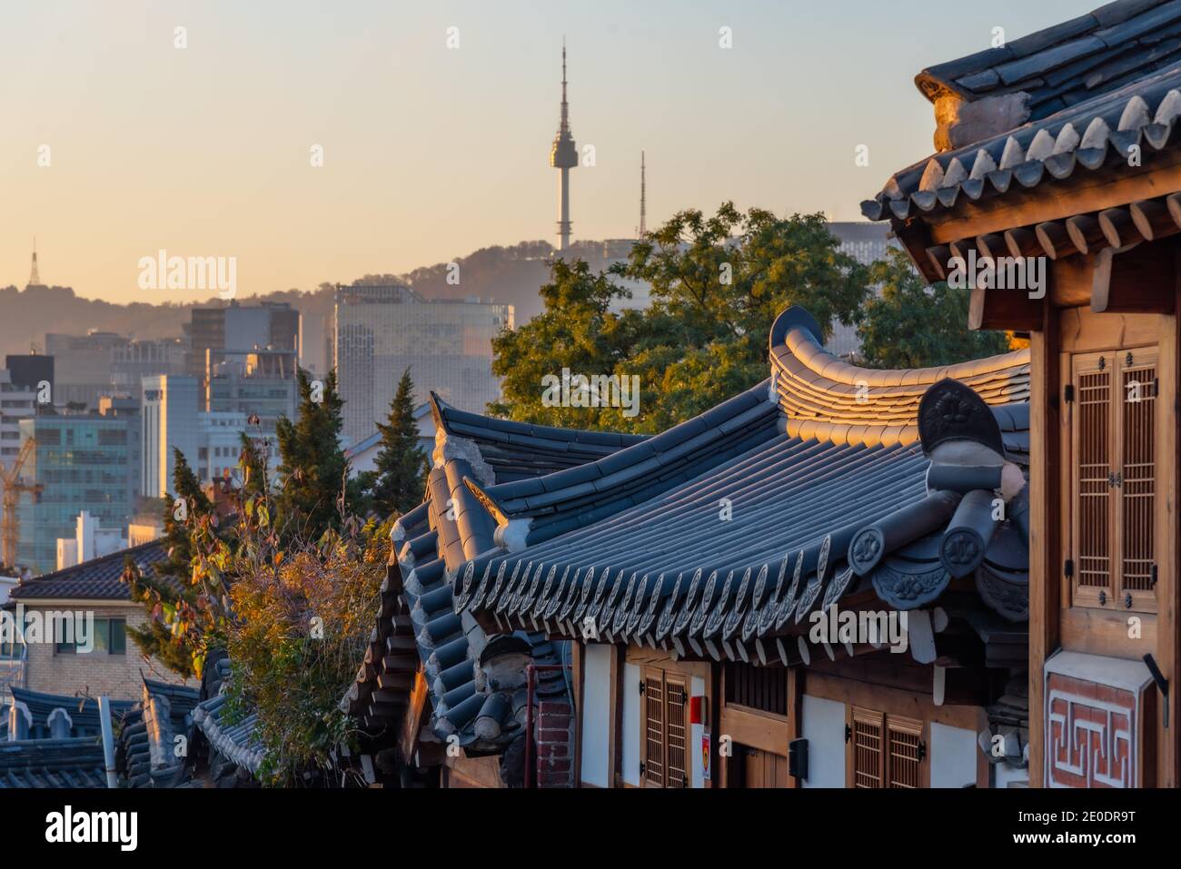 Namsan tower viewed from Bukchon hanok village in Seoul, Republic of ...
