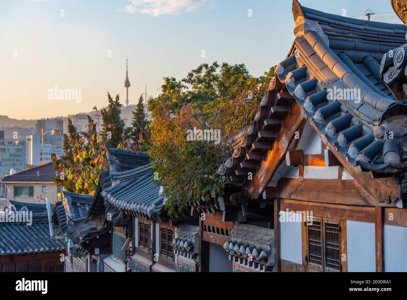 Namsan tower viewed from Bukchon hanok village in Seoul, Republic of ...