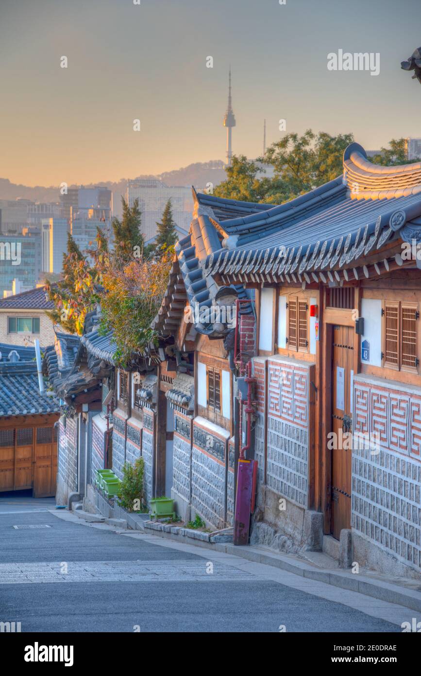 Namsan tower viewed from Bukchon hanok village in Seoul, Republic of ...