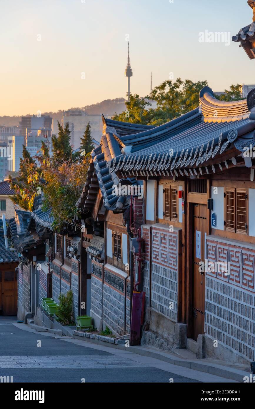 Namsan tower viewed from Bukchon hanok village in Seoul, Republic of ...