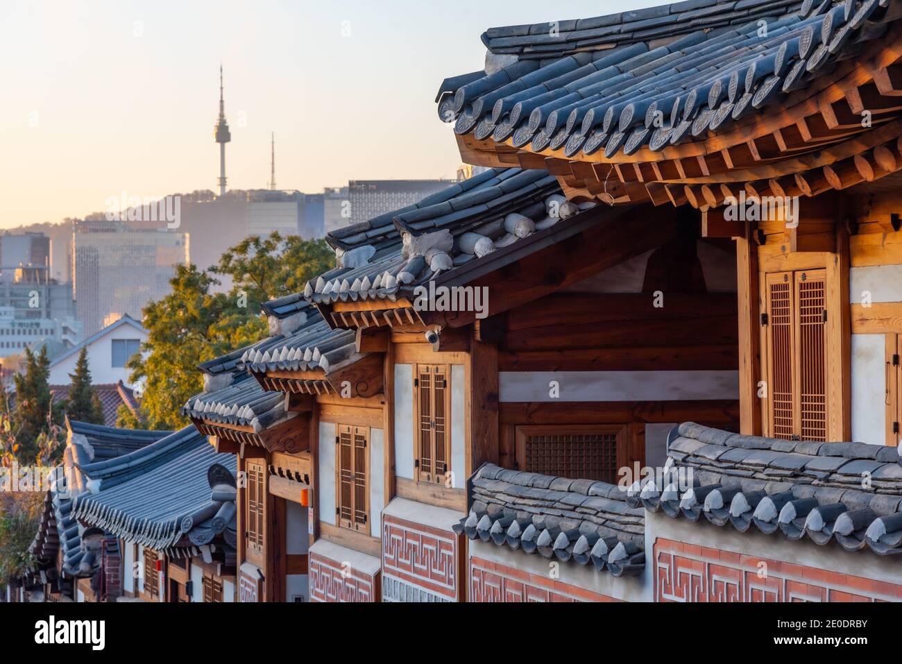 Namsan tower viewed from Bukchon hanok village in Seoul, Republic of ...