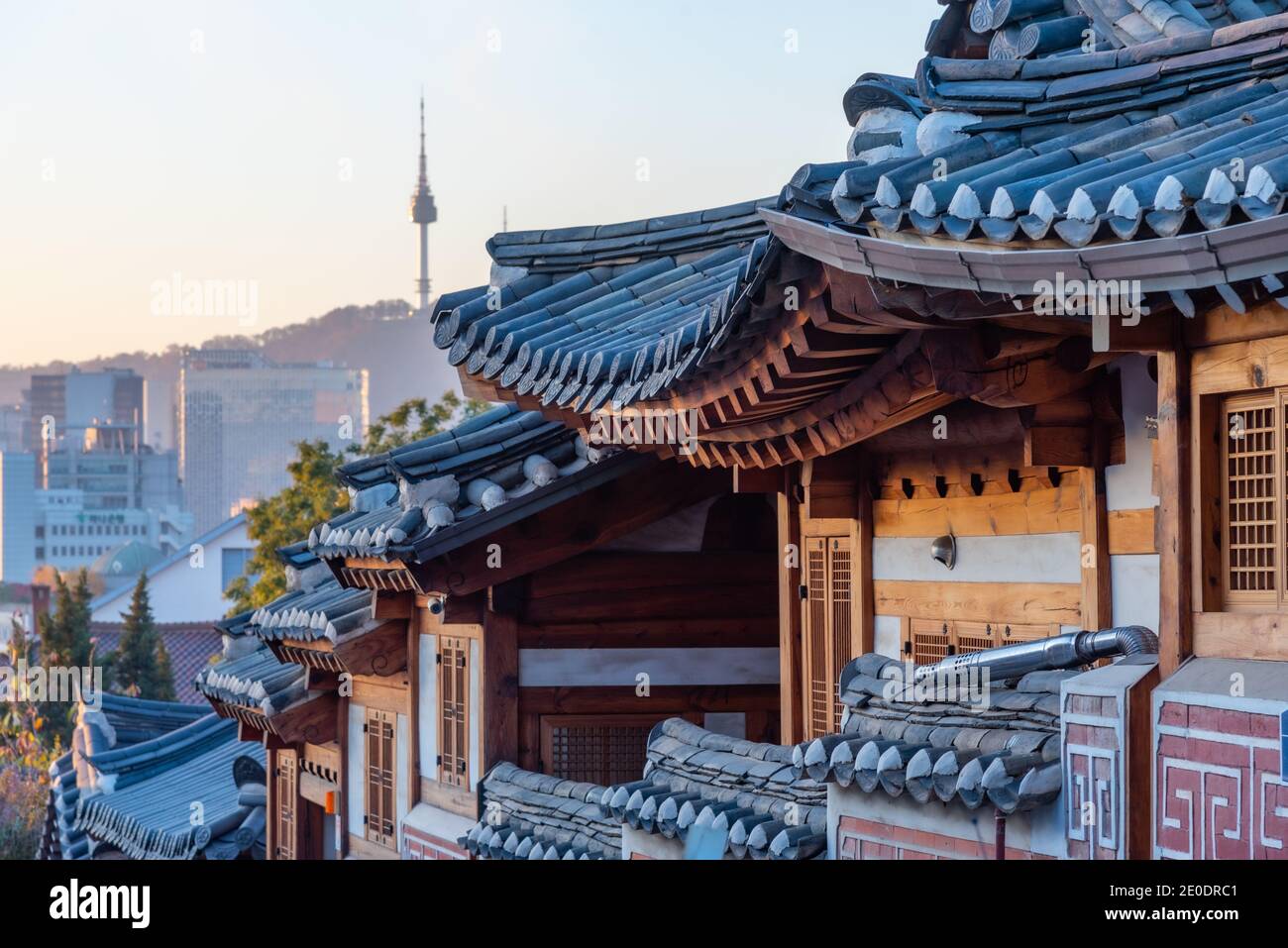 Namsan tower viewed from Bukchon hanok village in Seoul, Republic of ...